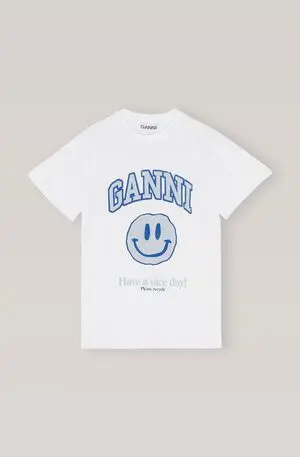 Ganni Basic Cotton Jersey O-Neck Blue Smiley Relaxed T-Shirt In